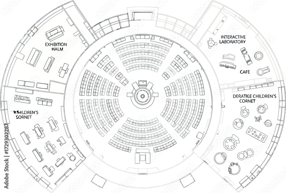 Vector art of floor plan of a circular building with seating ...