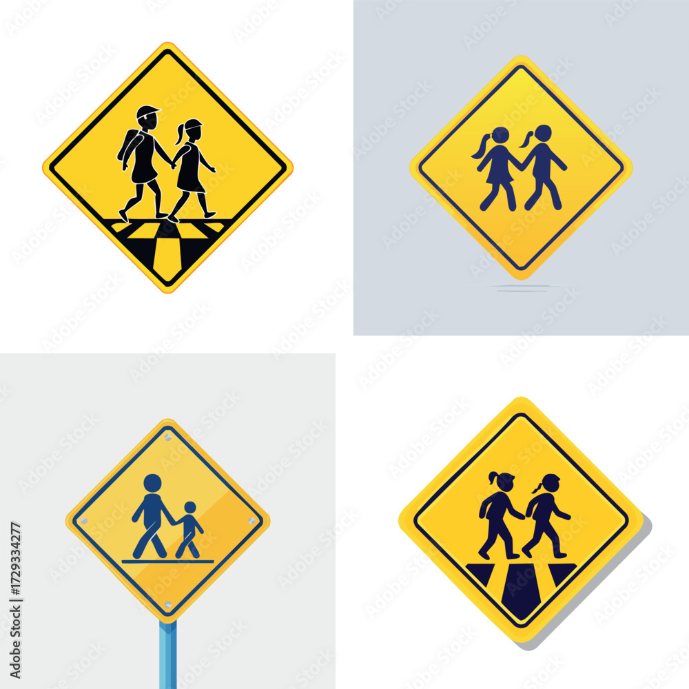 Children crossing signs warning pedestrians of potential hazards on ...