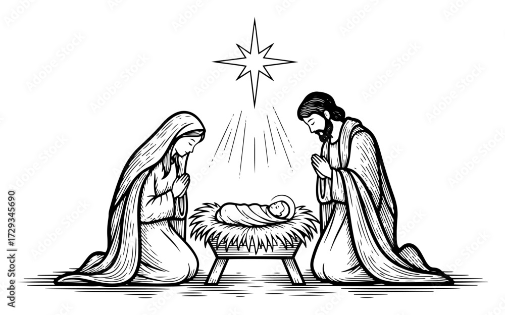 Nativity Scene with Mary Joseph and Baby Jesus Engraved Vector Stock ...