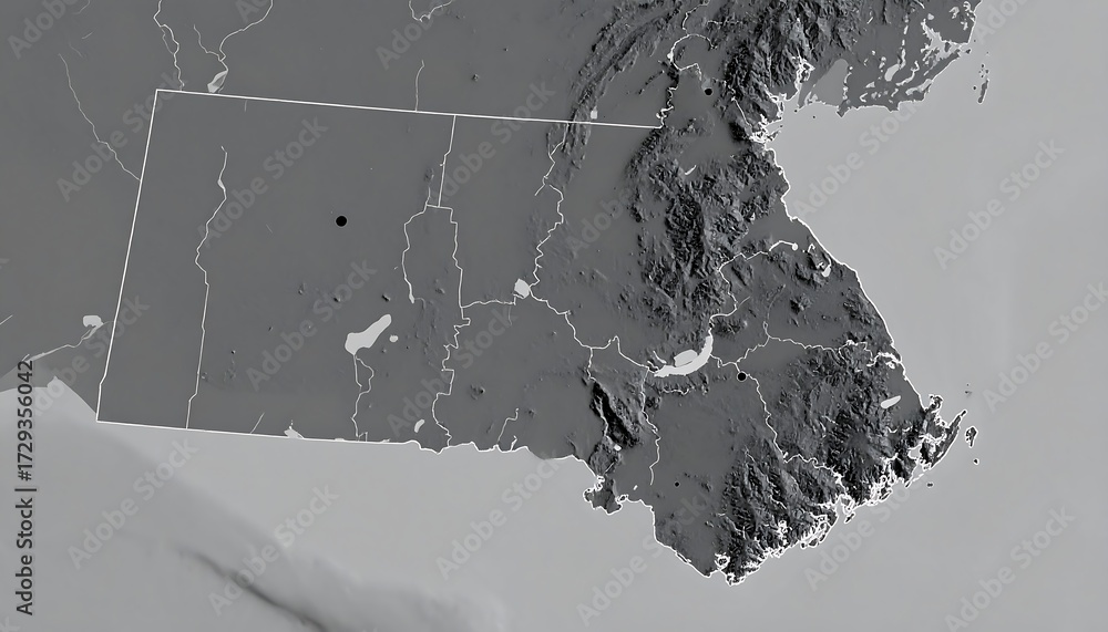 Grayscale 3D relief map of a northeastern US state, showing rivers ...