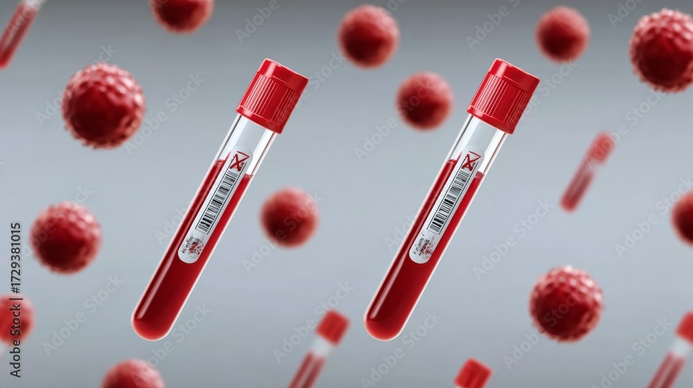 Two laboratory blood test tubes filled with red liquid, suspended in ...