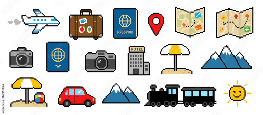 Pixel art travel and vacation icon set with retro 8-bit symbols for ...
