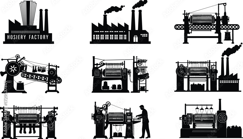 Hosiery factory silhouettes, textile machinery vector, knitting machine ...