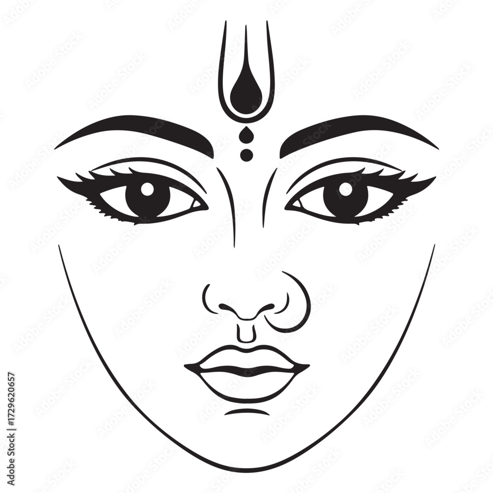 Stylized line drawing of a divine female face with traditional markings ...