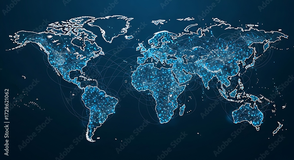 Blue world map illustration on blue and black background with ...