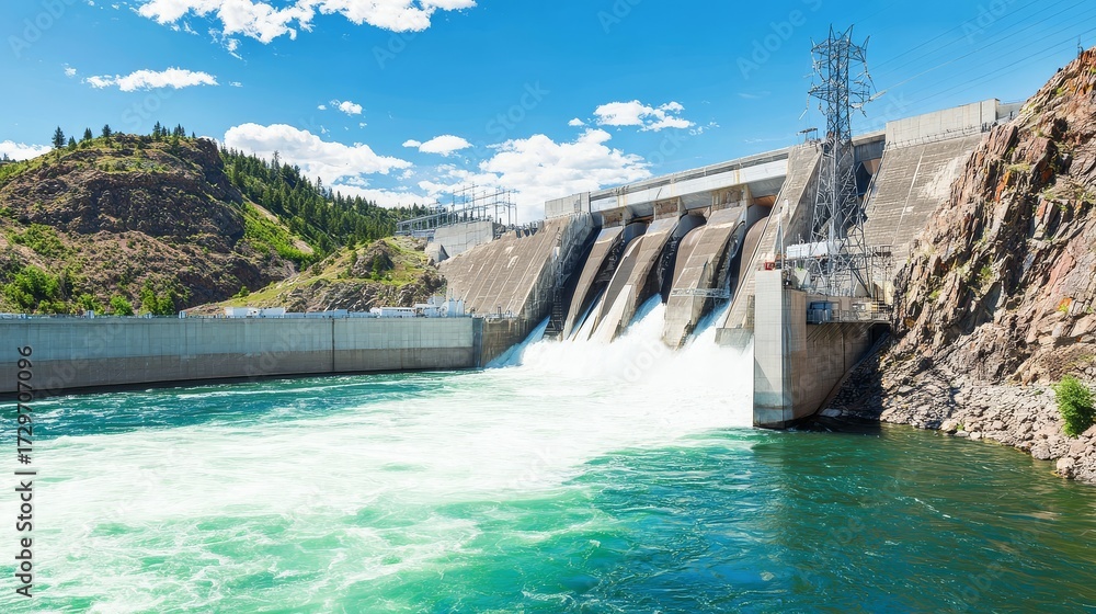 Hydroelectric dam with flowing water, renewable energy generation and ...