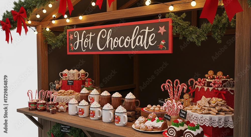 Christmas market hot chocolate stand with cookies and candy canes ...
