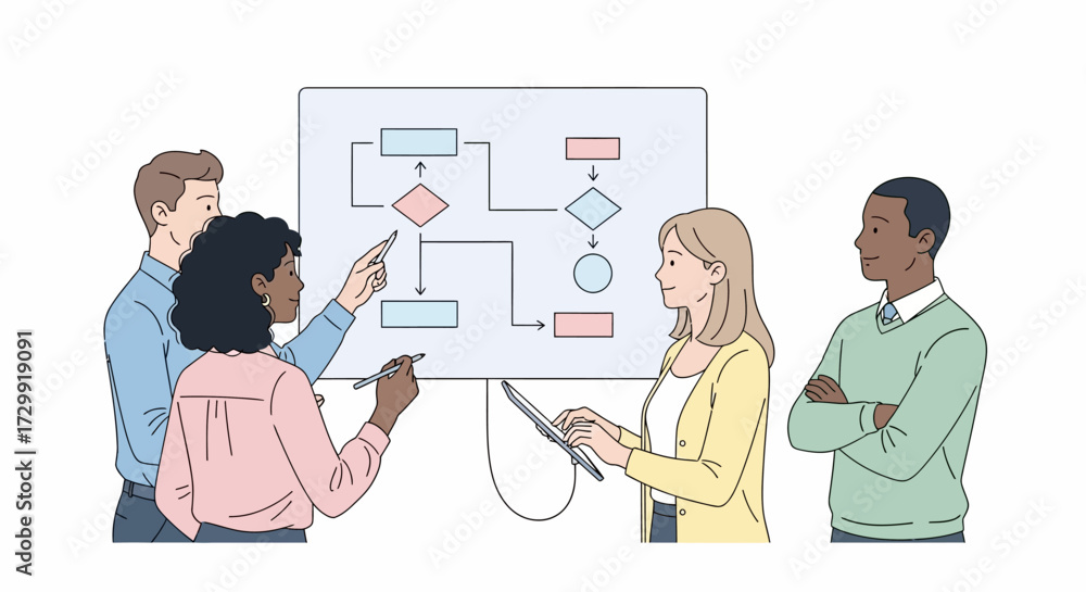 Professional team analyzing business process flowchart on a whiteboard ...