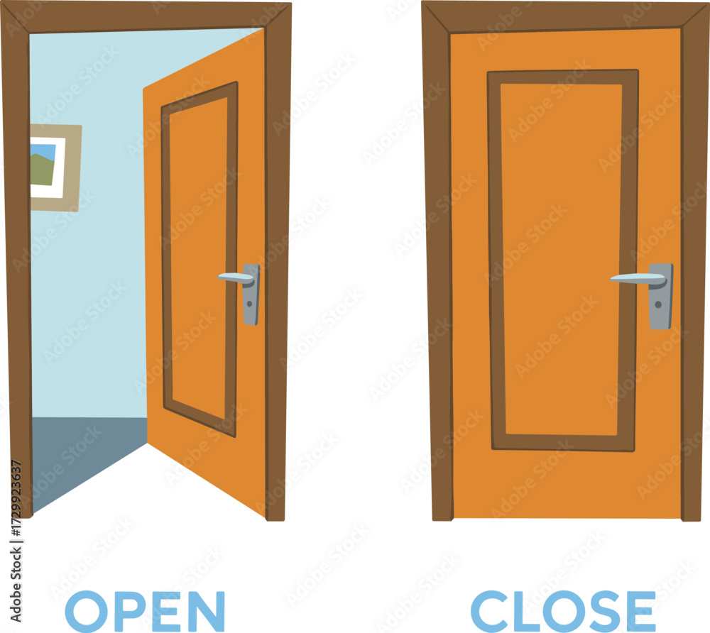 Illustration of wooden door open and closed showing opposite actions ...