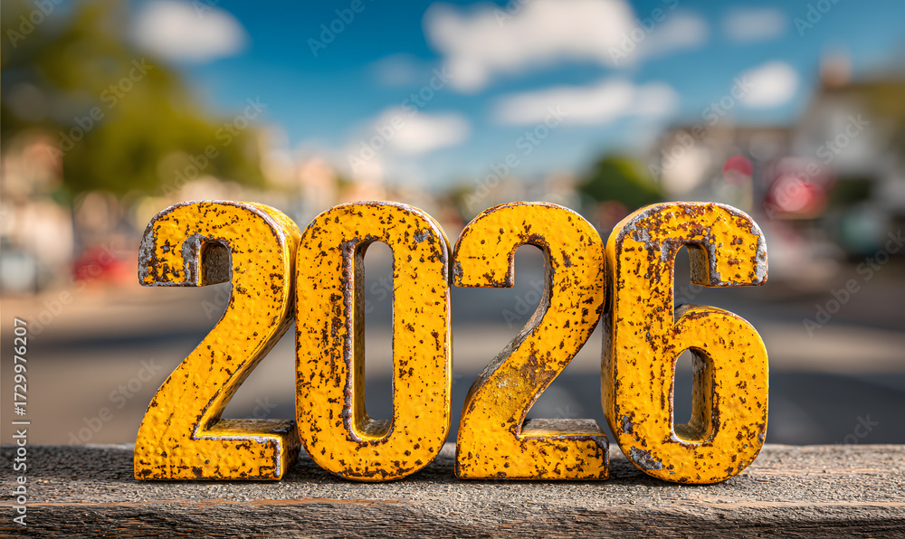 2026 start sign symbol yellow orange color copy space blue sky cloud white 2026 start beginning ...