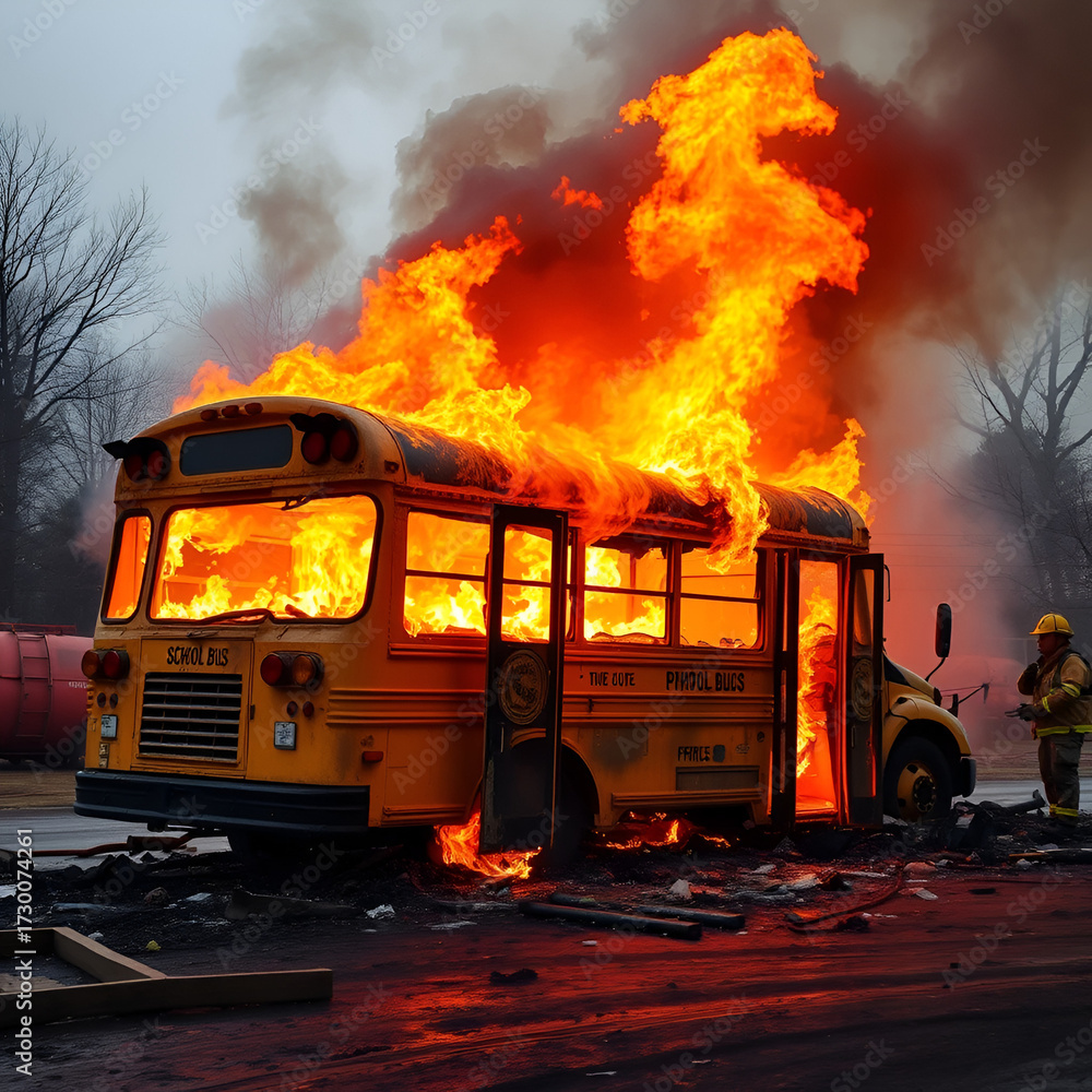 A fiery scene of destruction, where a school bus has been engulfed in ...
