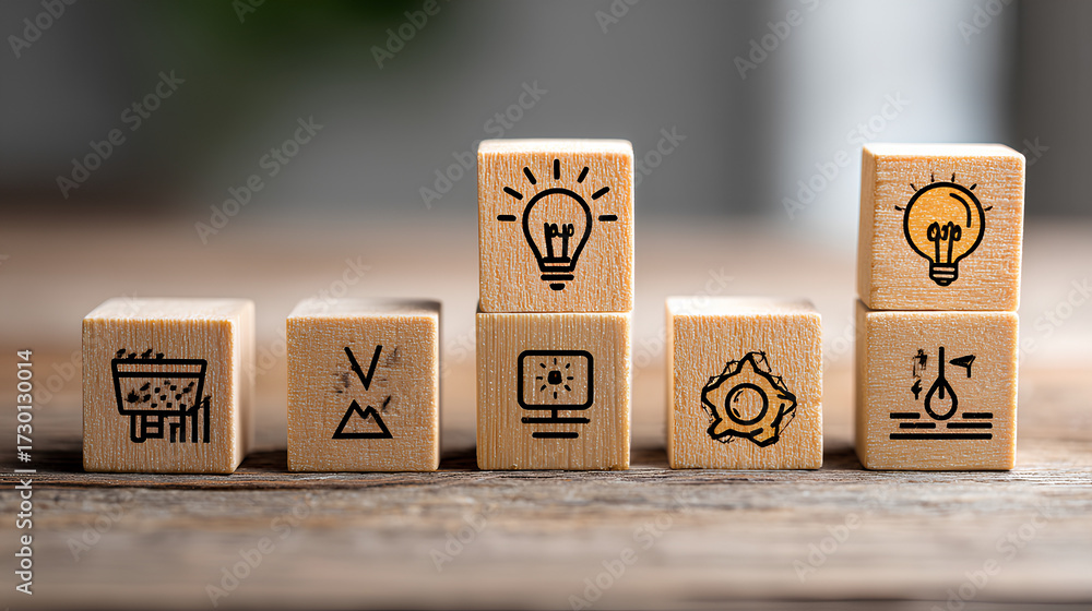 Design Thinking Process concept. Wooden blocks with icons; the key ...