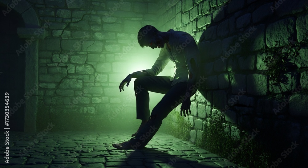 Hunched barefoot zombie with glowing eyes sits against a brick wall in ...