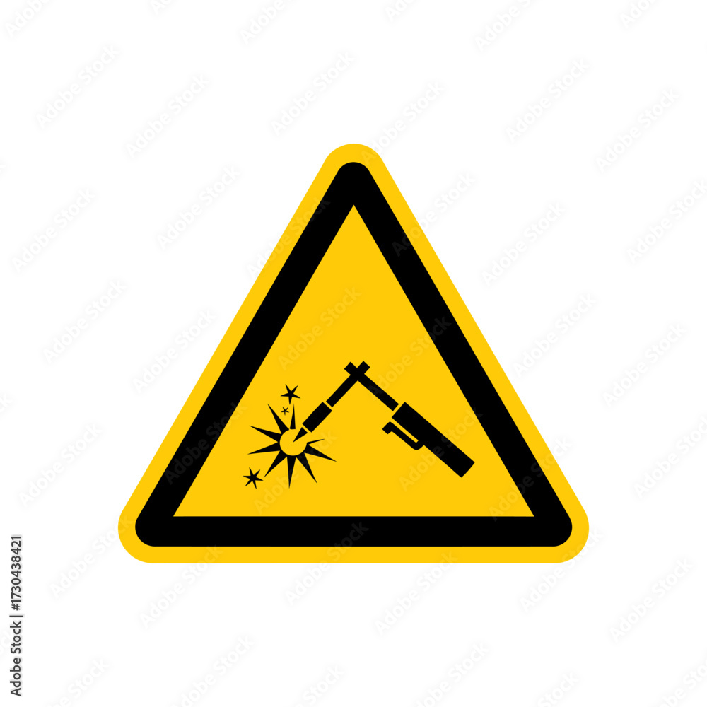 Warning sign depicts welding operation with sparks flying in a yellow ...