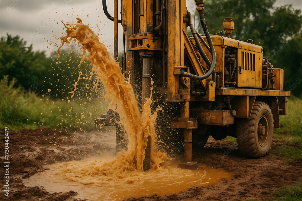 Powerful water well drilling machine ejecting muddy water during ...