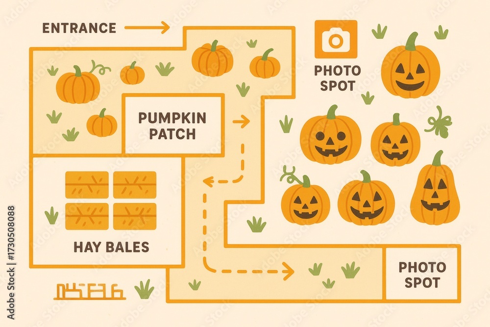 Illustrated map showing a pumpkin patch layout with pumpkins, hay bales ...