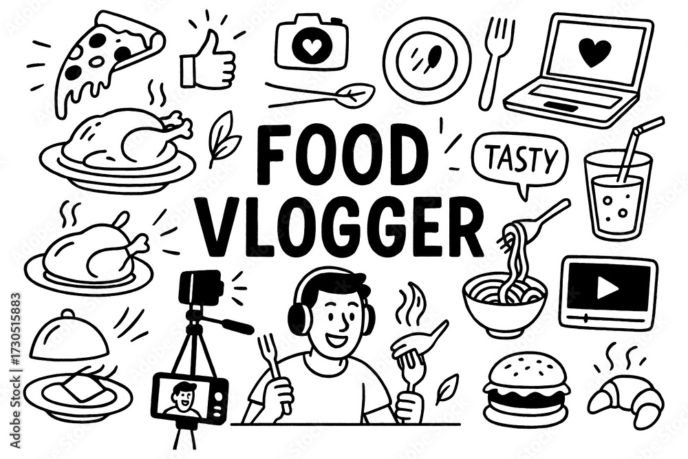 doodle composition with food vlogger icons and social media dining ...