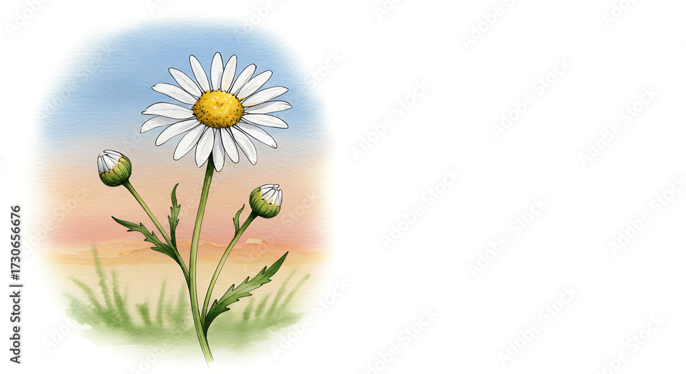 Horizontal watercolor daisy card for girls: daisy flower with buds on a ...