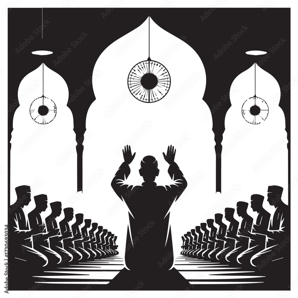 Silhouette of a muslim man praying with arms raised in a mosque with ...