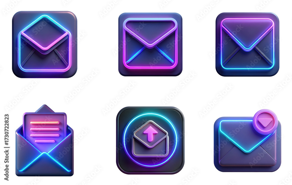 High quality photo of glowing neon email icons with a dark backdrop ...