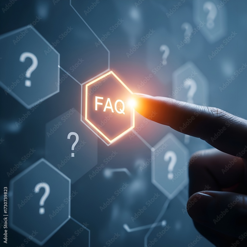 Finger pressing a glowing faq button on a futuristic digital interface ...
