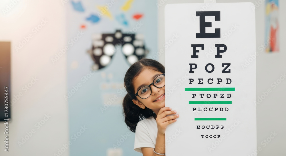 smiling indian girl with glasses standing beside eye chart in ...