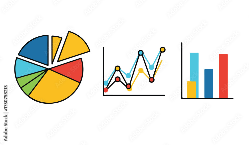 Illustration featuring a pie chart with a slice removed, a line graph ...