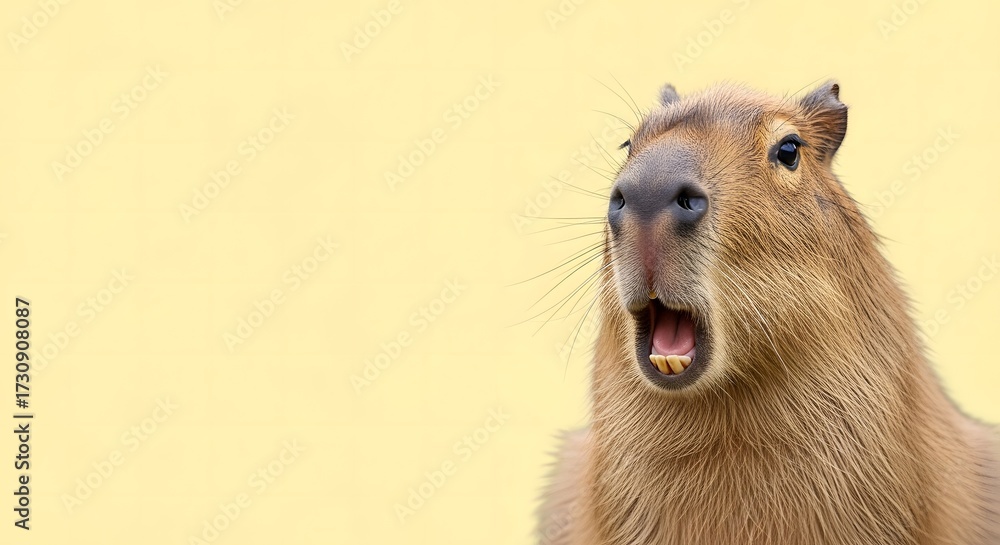 Startled capybara with wide-eyed, open-mouth expression on pastel ...