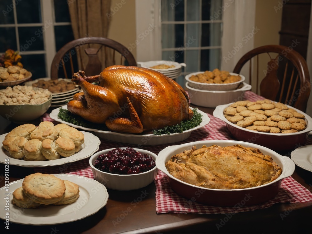 Southern style Thanksgiving dinner with roasted turkey, casseroles, and ...
