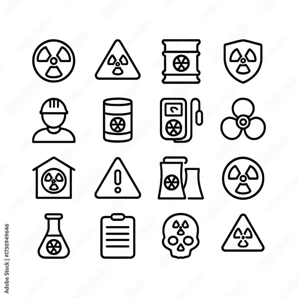 Radiation warning and nuclear safety icon collection. Outline symbols ...