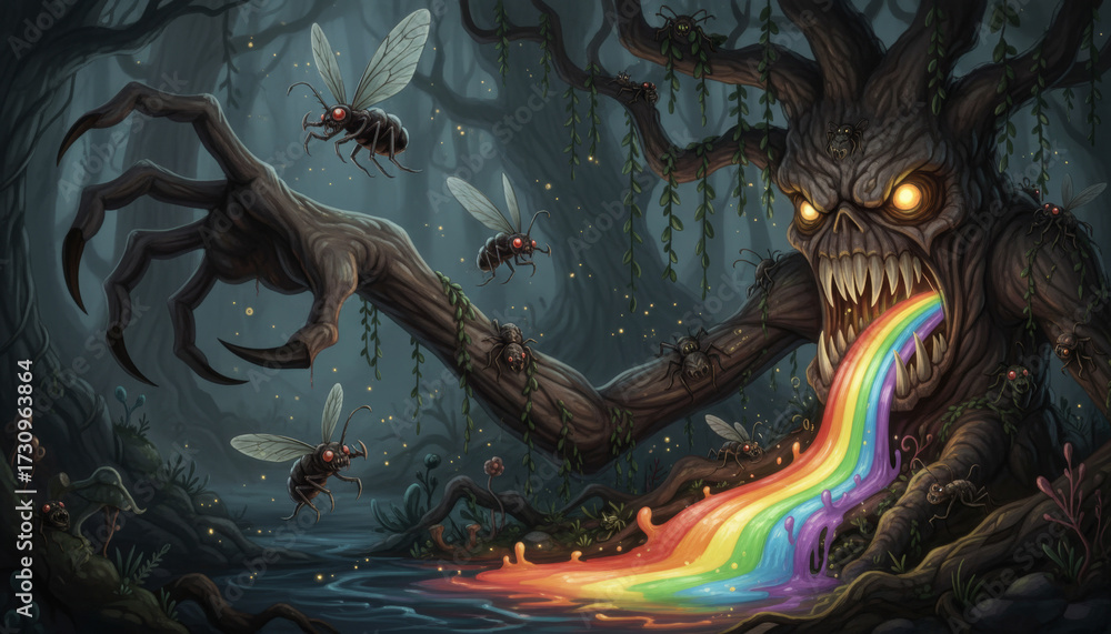 Ilustración de Stock An ancient Ent tree with teeth and a rainbow ...