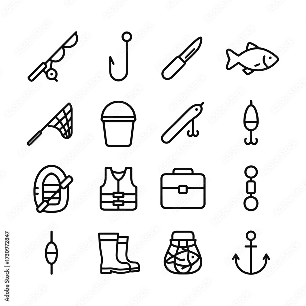 Angling and recreational fishing icon collection. Outline symbols. Line ...