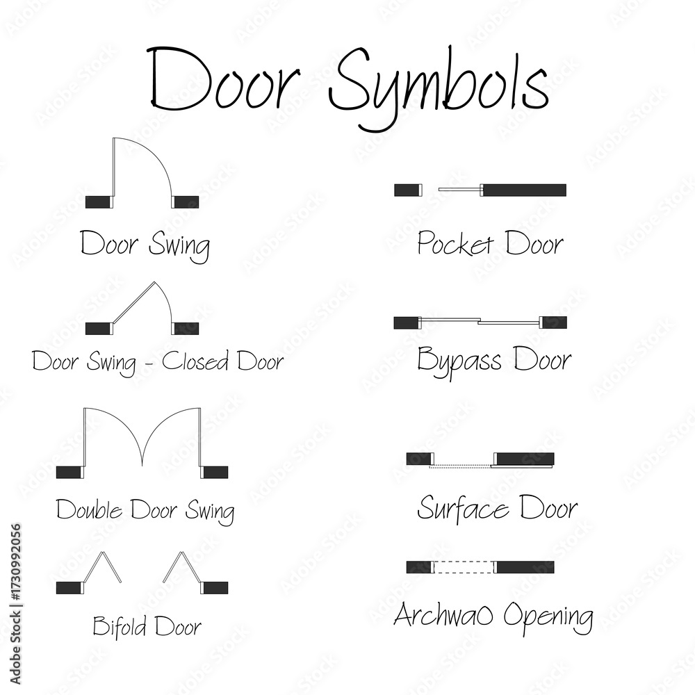 Architectural door symbols diagram including swing, pocket, bypass ...