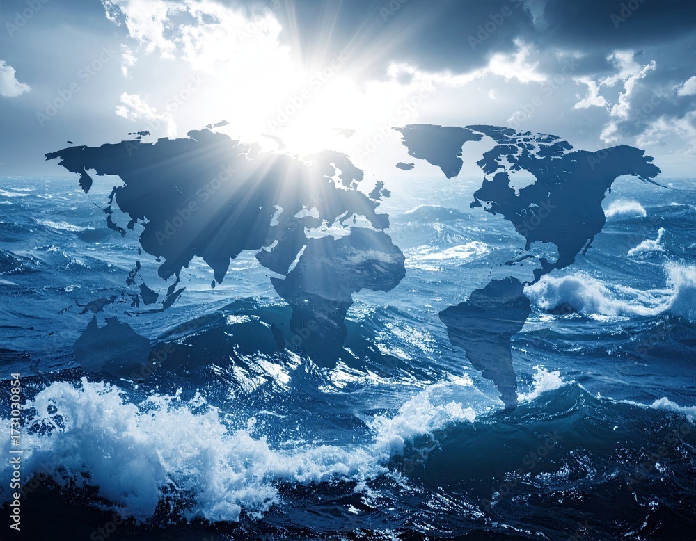 World map overlayed on stormy sea with sun Stock Photo | Adobe Stock