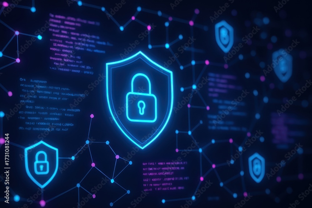 Neon cybersecurity visualization with shields code and network nodes in ...