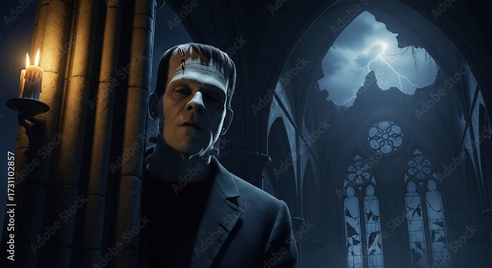 Frankensteins monster peers from behind a stone pillar in a gothic ...