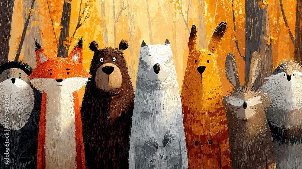 Cartoon animals stand together in a forest setting with fall colors ...