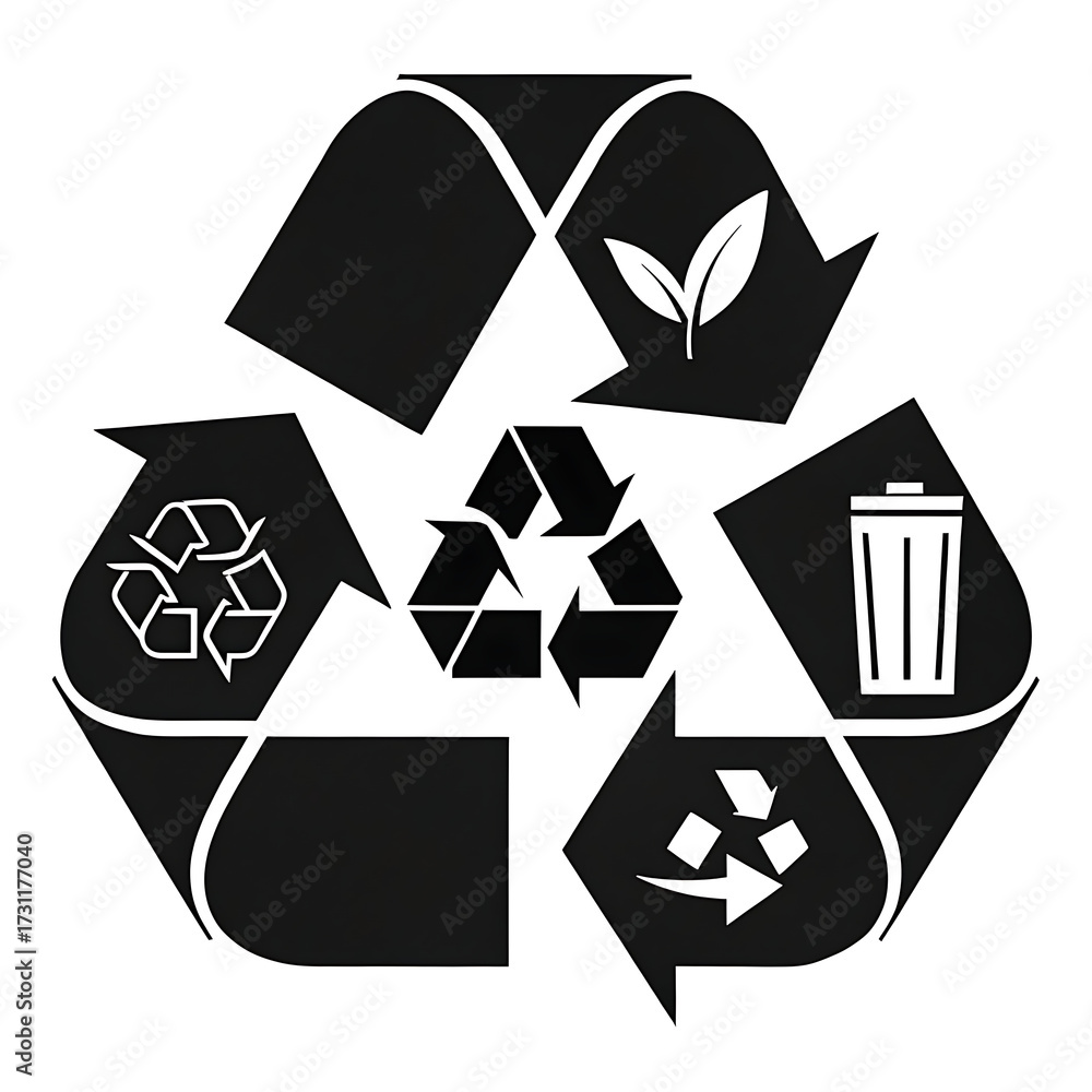 Black and white recycling symbol with icons representing different ...