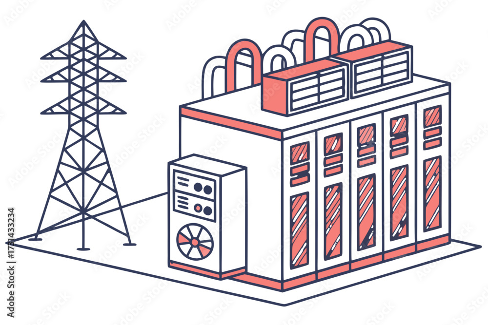 Vector illustration of stylized isometric drawing of a power substation ...