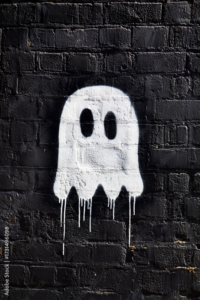 Stencil graffiti cartoon ghost in white spray paint on textured black ...