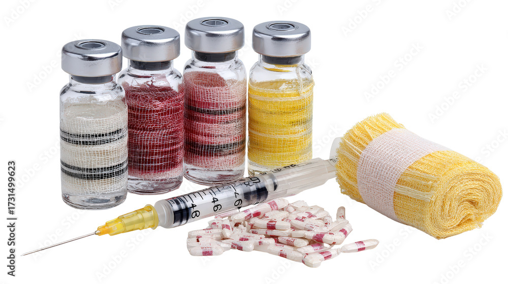 Hospital hazardous waste with used bandages and syringes background ...