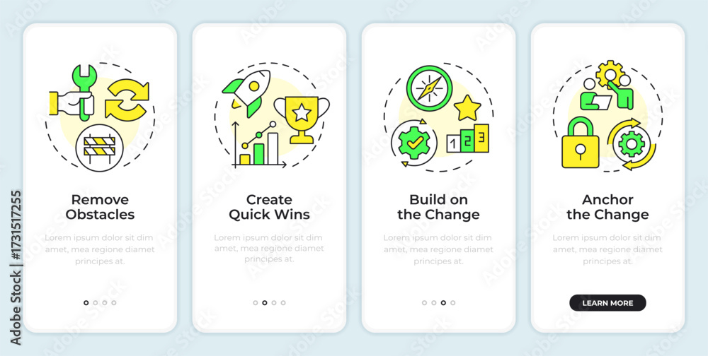 Kotter change management model onboarding mobile app screen ...