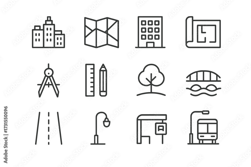 Urban Design Icons. Urban design. Line outline icon set of urban design ...