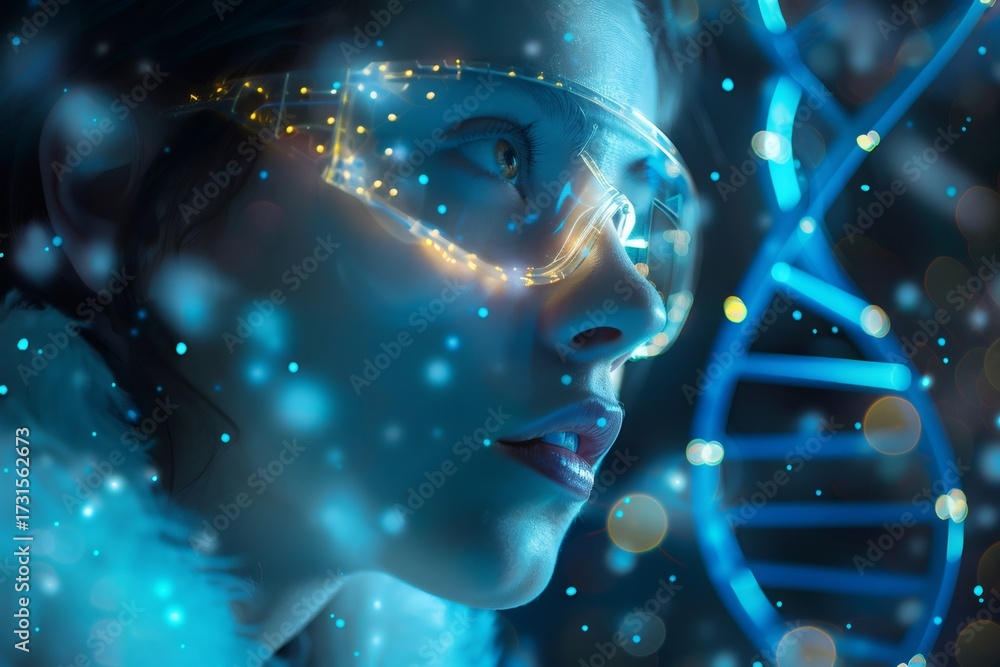 Woman wearing smart glasses researching dna helix structure Stock Photo ...