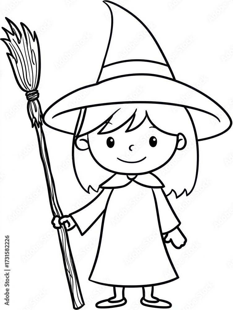 Black and white line drawing of cute cartoon witch girl with big hat ...
