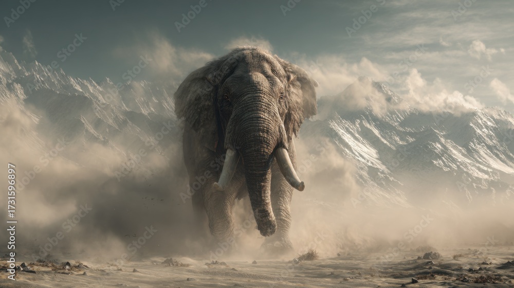 a colossal, world’s largest elephant charging forward, its massive body ...