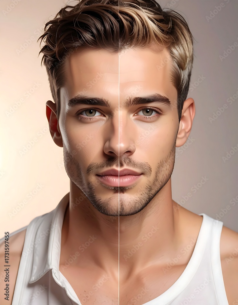 Before & after portrait of a young man's face showing a skin tone ...