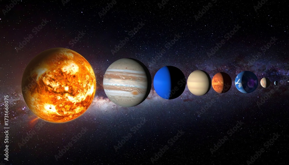A digitally rendered illustration of the solar system with each planet ...