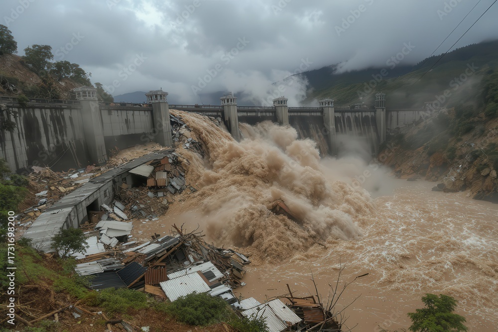 Dam failure causing a massive water surge, resulting in destruction and ...