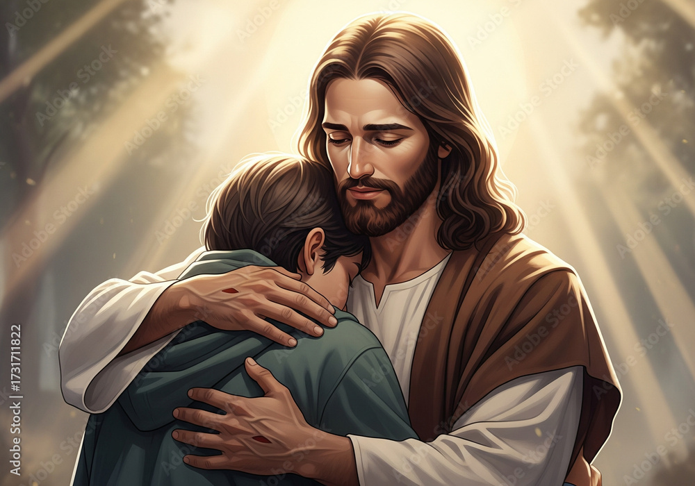 Jesus Christ Hugging a Boy, Compassion, Comfort, Religious Artwork ...